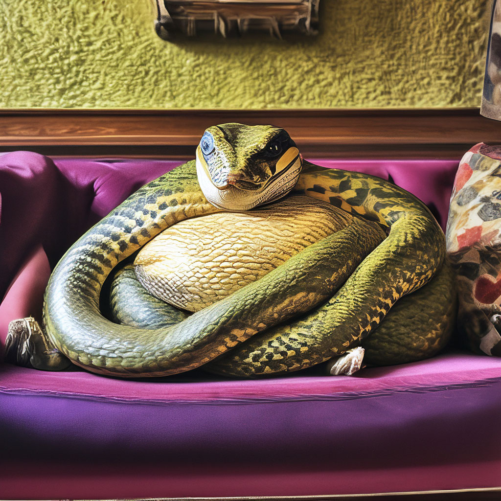"Fat snake with a big belly on the couch" — image created in Shedevrum