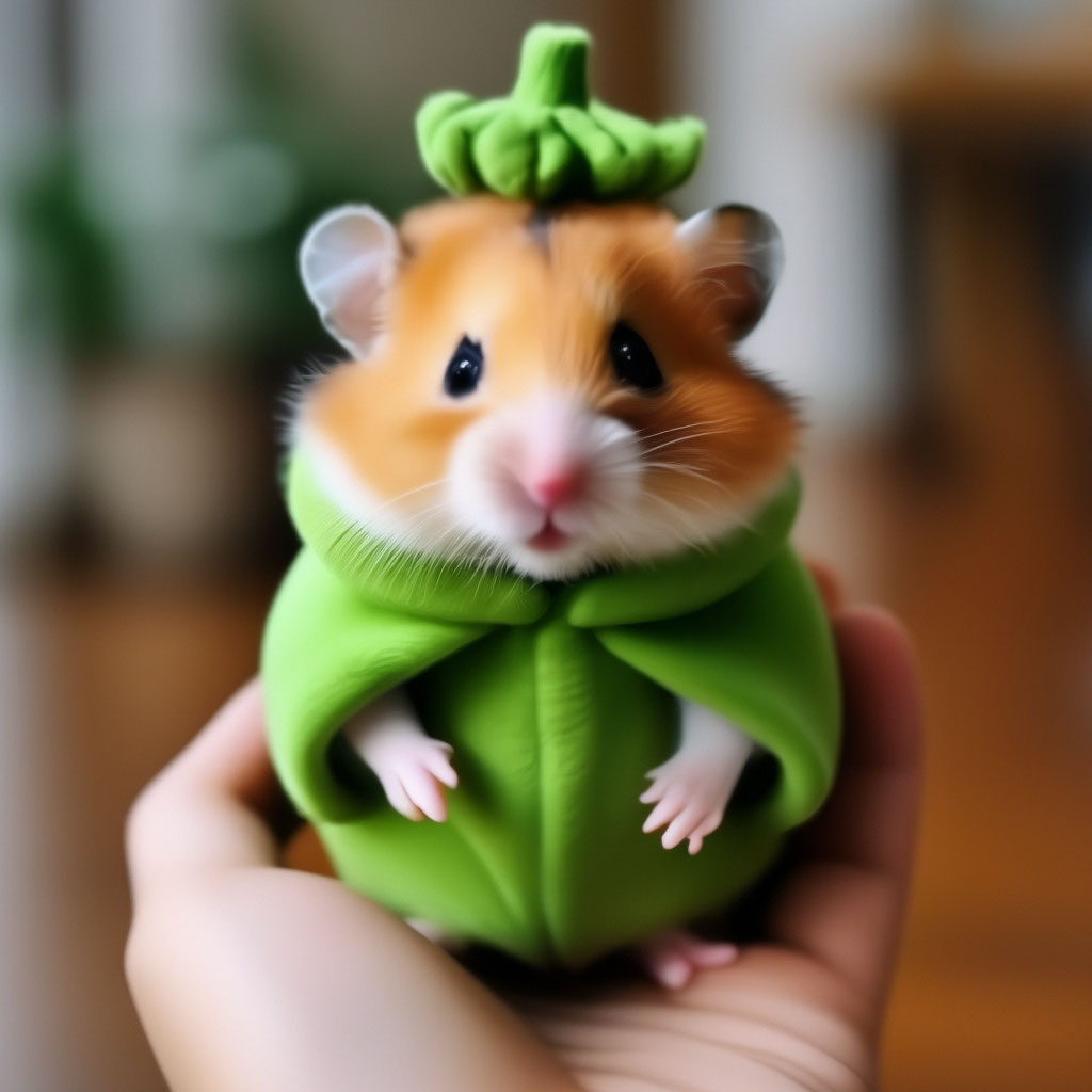 "Ultra cute baby hamster in a pear costume" — image created in Shedevrum