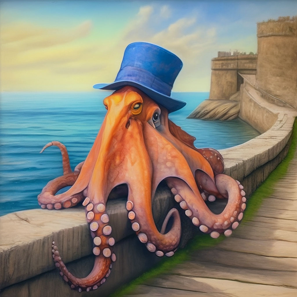 "A colored octopus in a hat walks along the ancient embankment colored ...