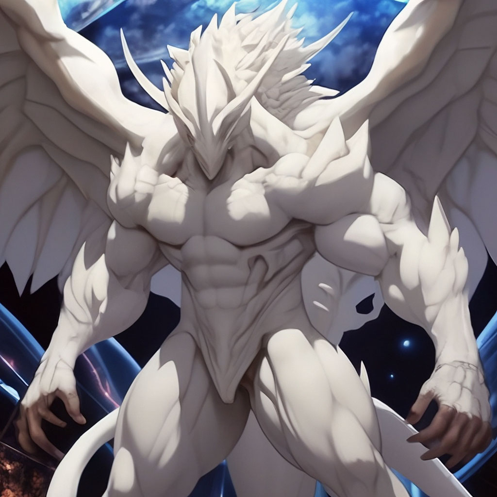 "Anime. epic. a huge anthropomorphic white half dragon, half man, half ...