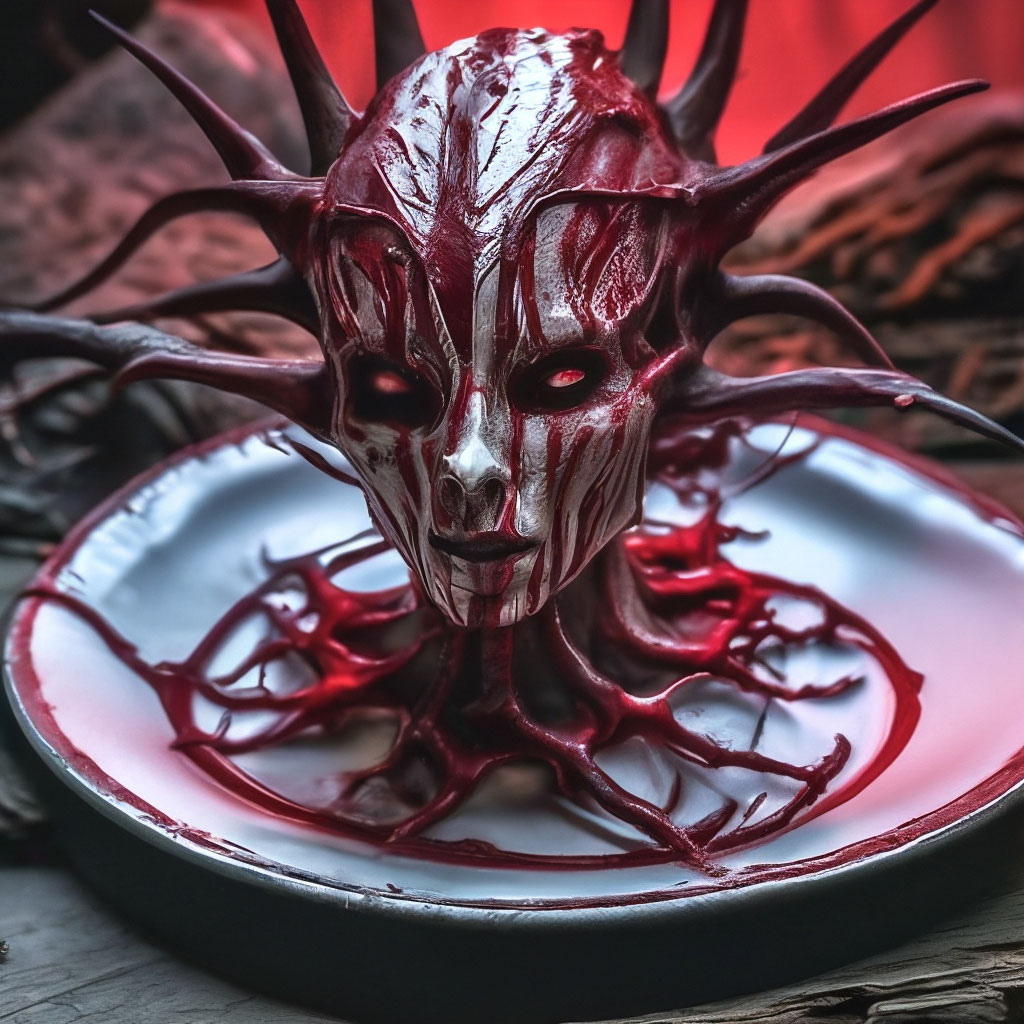 "A necromorphic human head lies on a plate tendons veins red streaks ...