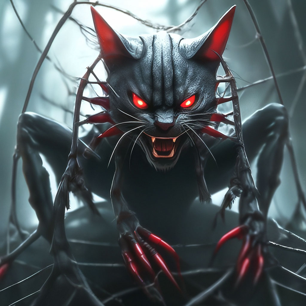 "Spider cat, sitting in the center of the web in full height, a lot of ...