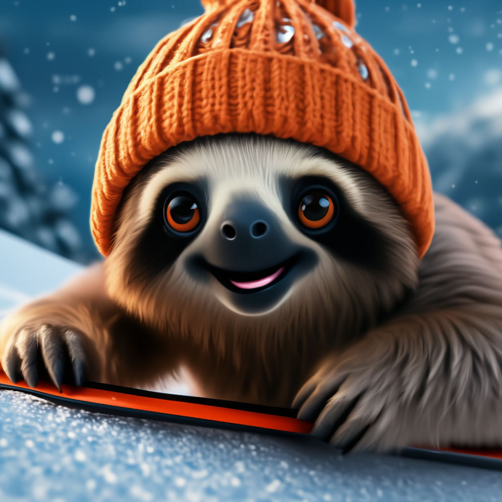 "A cheerful sloth in an orange knitted hat skiing down the mountain ...
