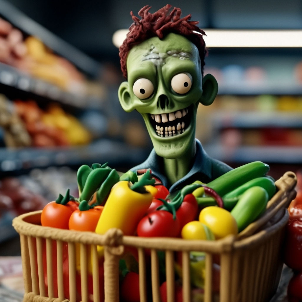 "A cheerful zombie is standing in a supermarket with a basket in his ...