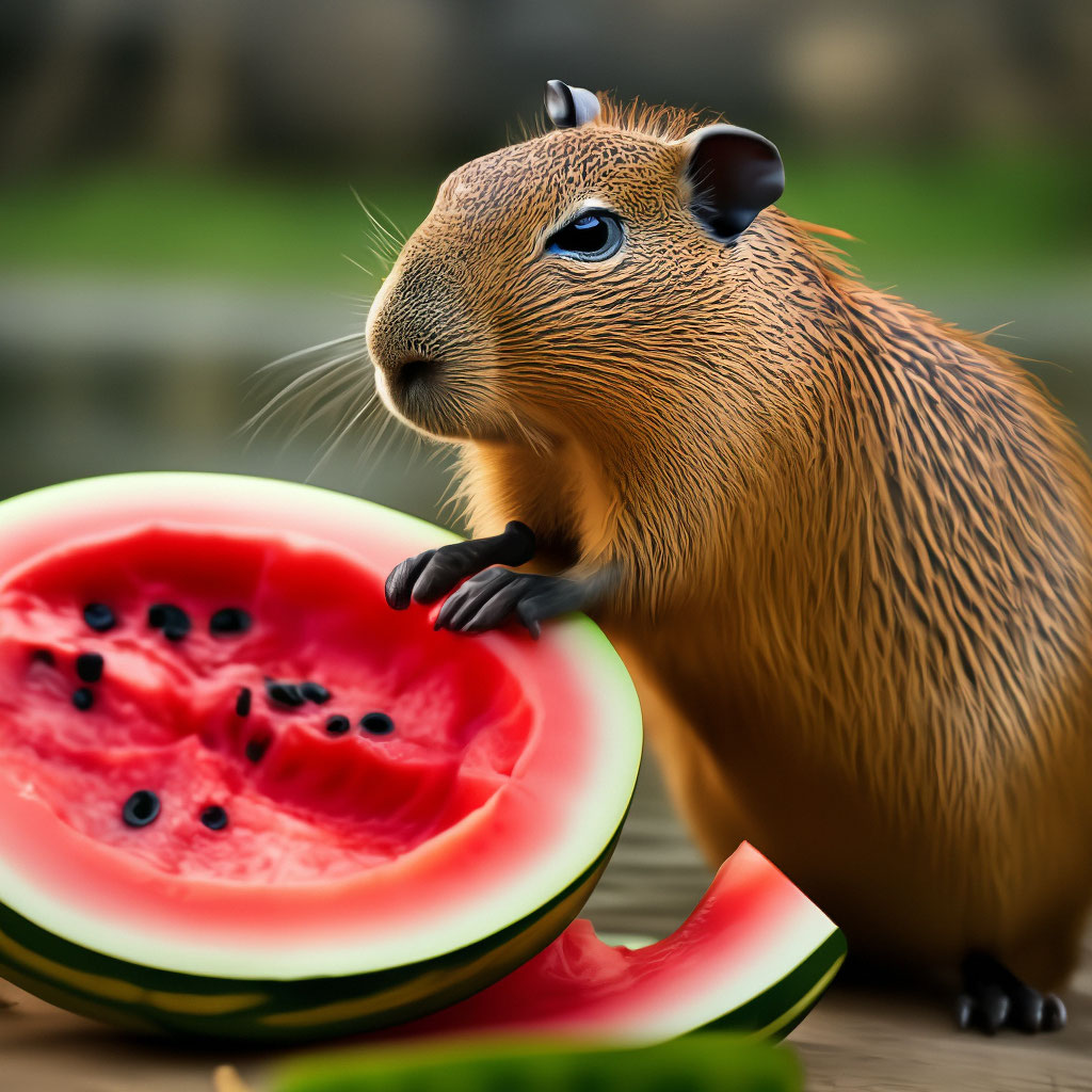 "Capybara filling on watermelon" — image created in Shedevrum