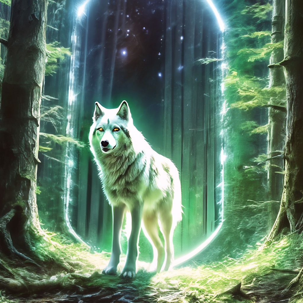 "Detailed entrance to the open starry, galactic portal in the forest ...