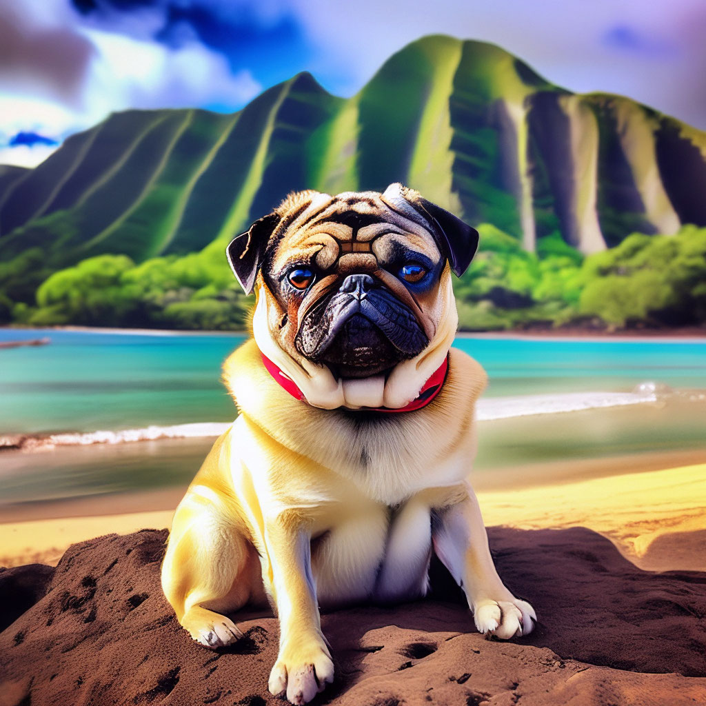 "Pug in hawaii" — image created in Shedevrum
