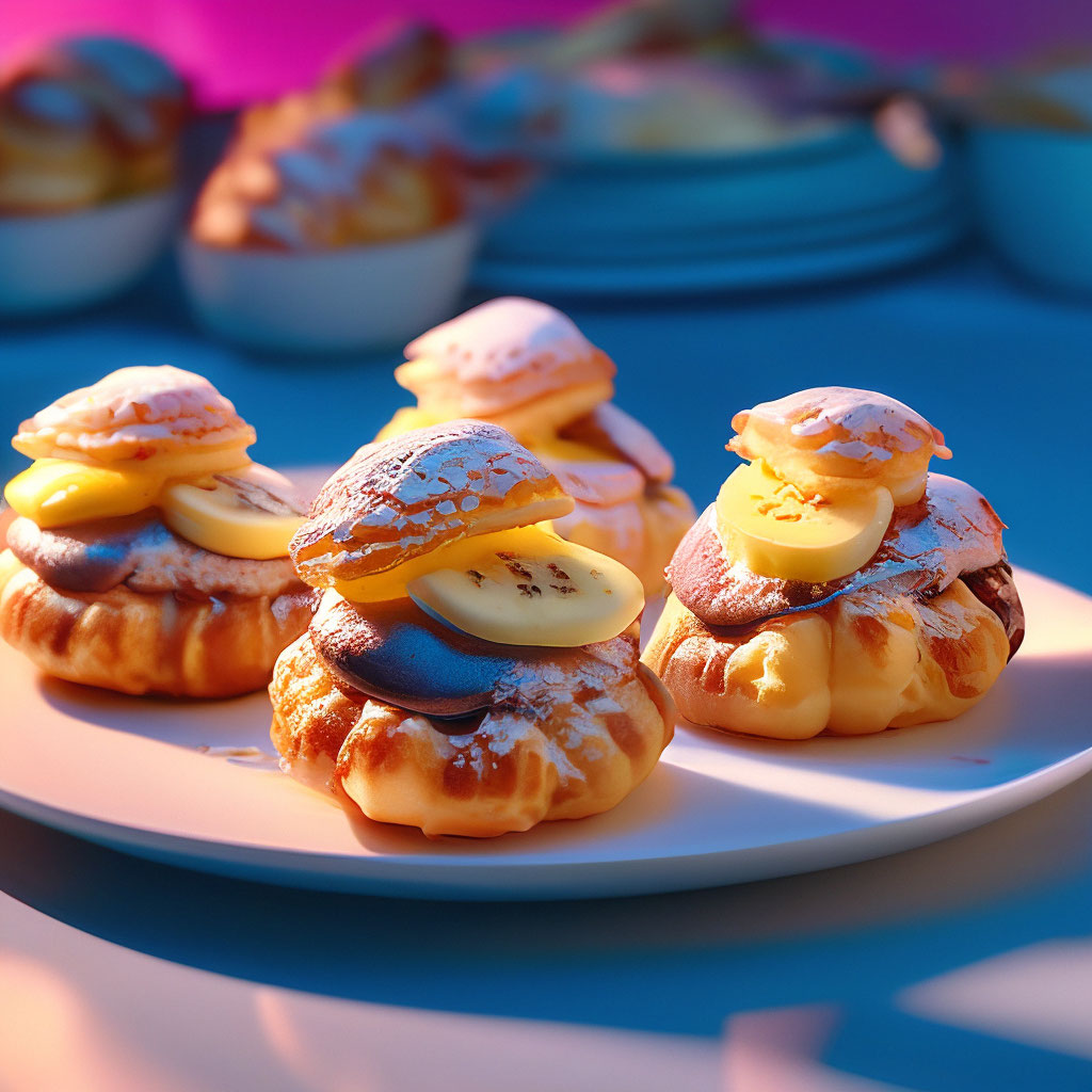 "Delicious puff pastry puffs with banana pear and chocolate inside, on ...