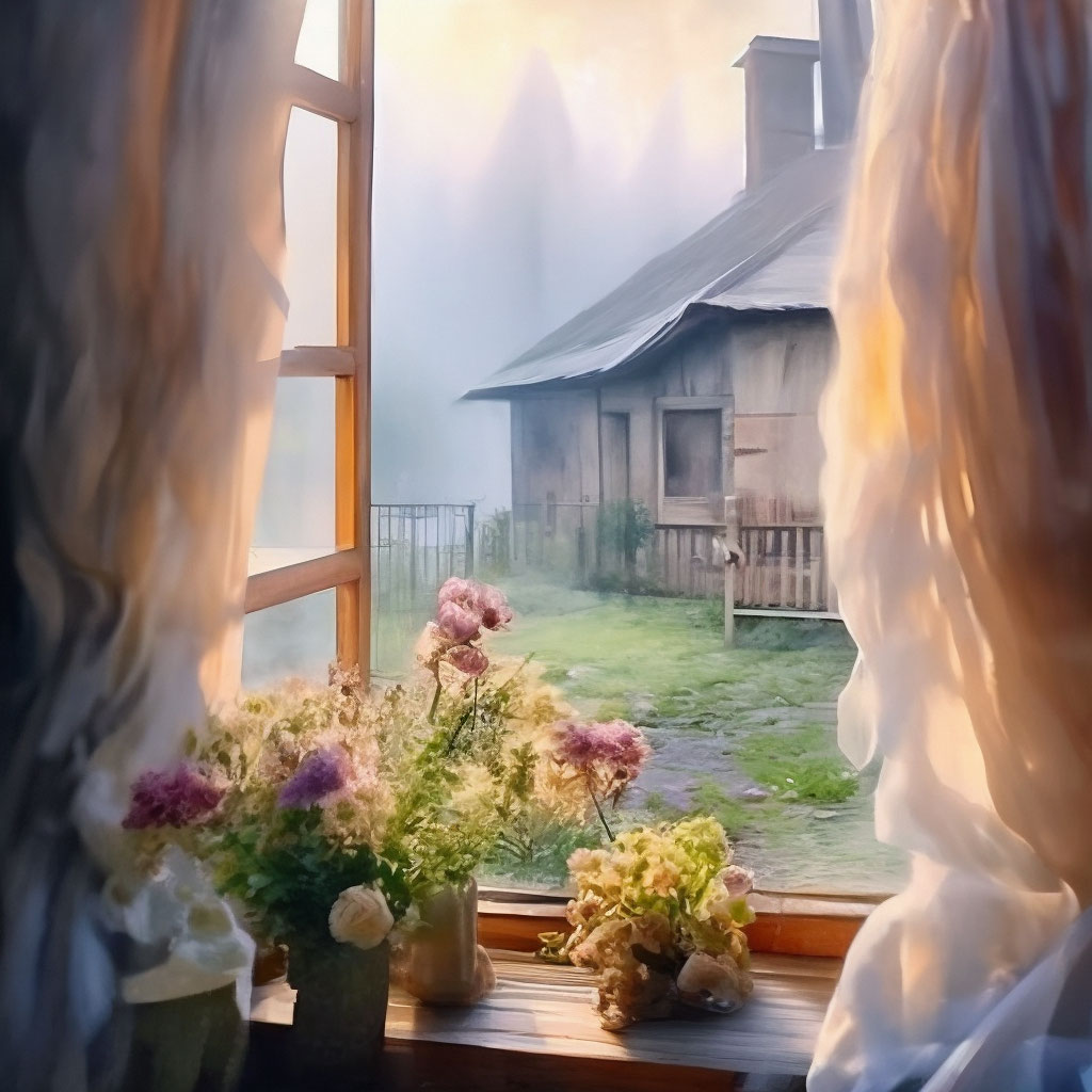 "Watercolor, view from a wooden window with transparent tulle, early ...