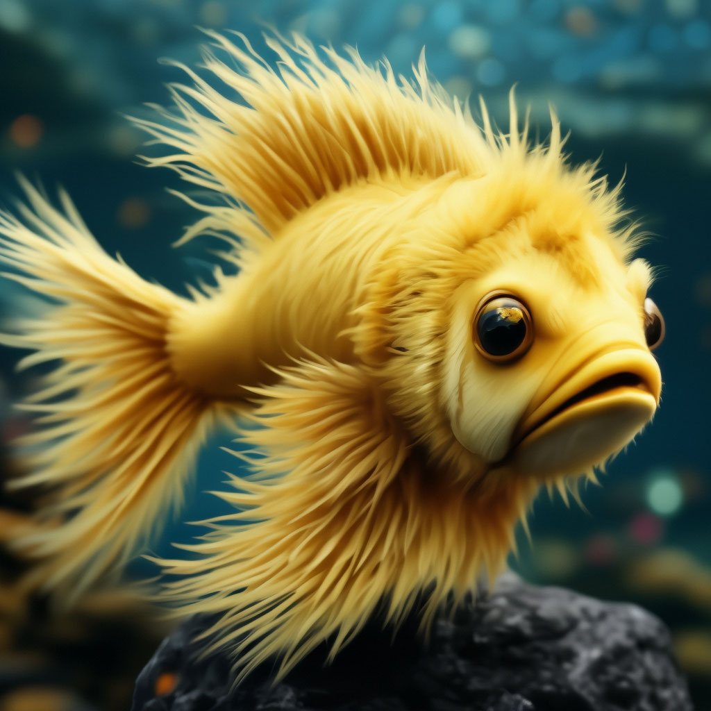 "Fluffy furry realistic fish, completely covered with fur, yellow ...