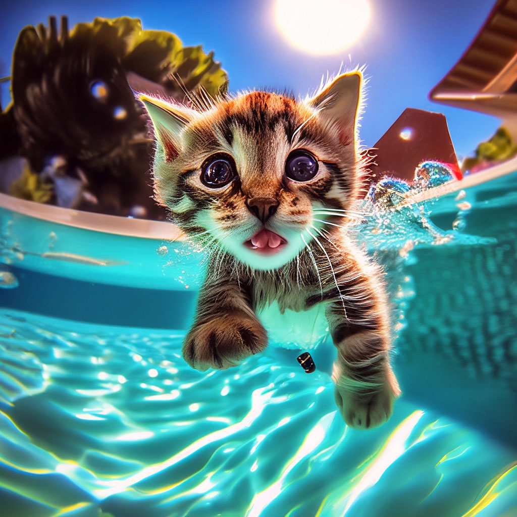 "Kitten dives into the pool who loves cats like" — image created in ...