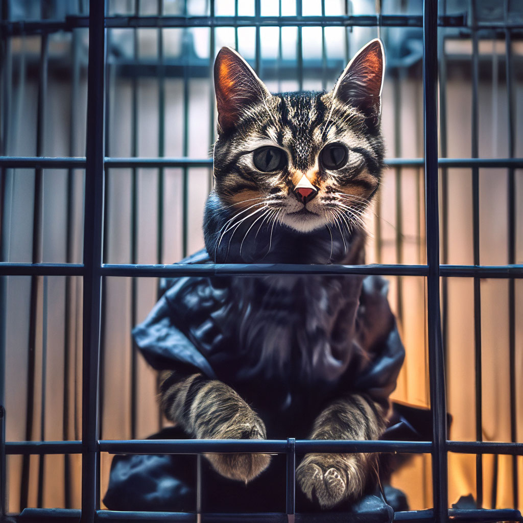 "Cat jailer, cat in prison, in prison clothes, in a cage, high ...