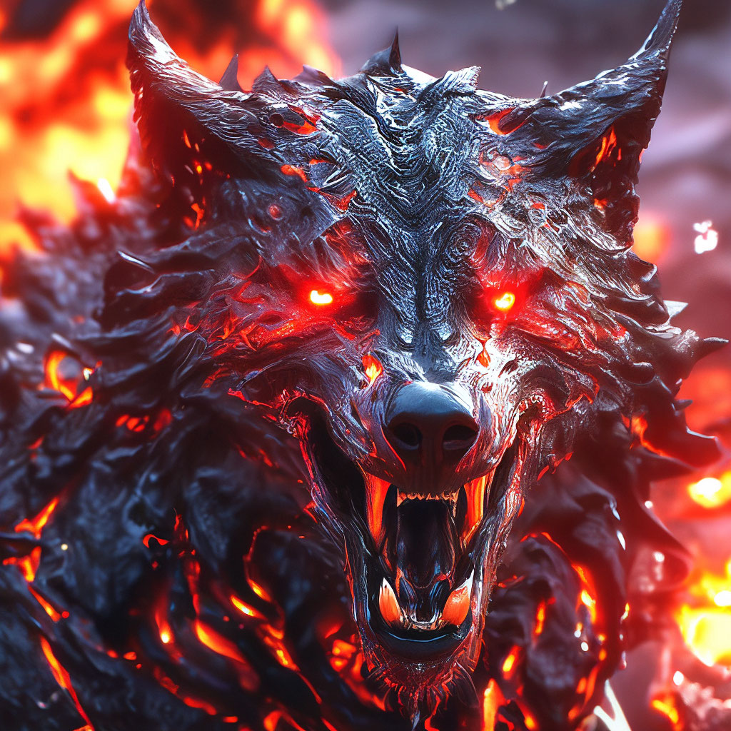 "Yper realistic beautiful lava, consisting of fire and lava wolf, beast ...