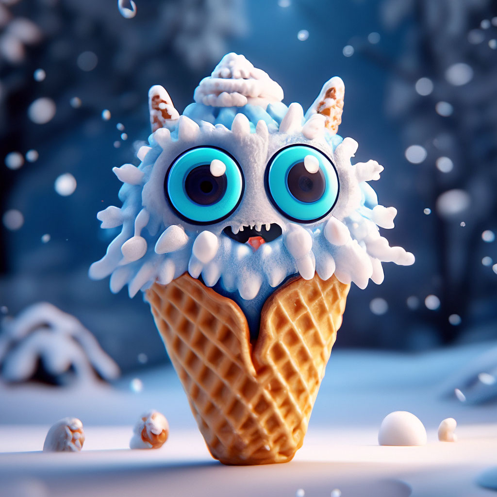 "A strange creature. an animated waffle cone with ice cream. a cute ...