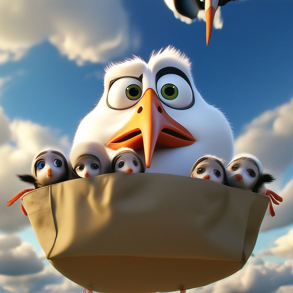"The sky,clouds, Storks are flying and in the beak there are little ...
