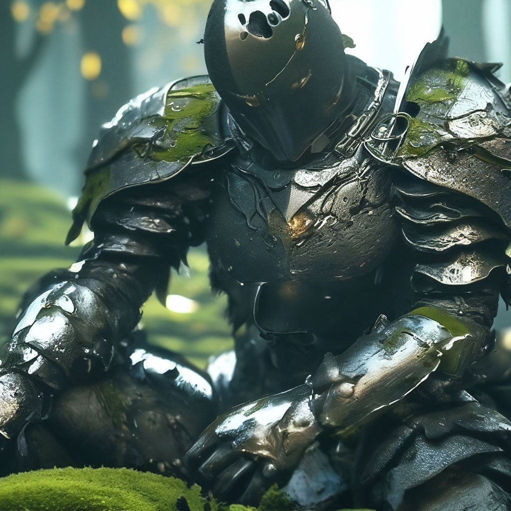 "Black mechanical knight in black armor, a lot of destroyed armor ...