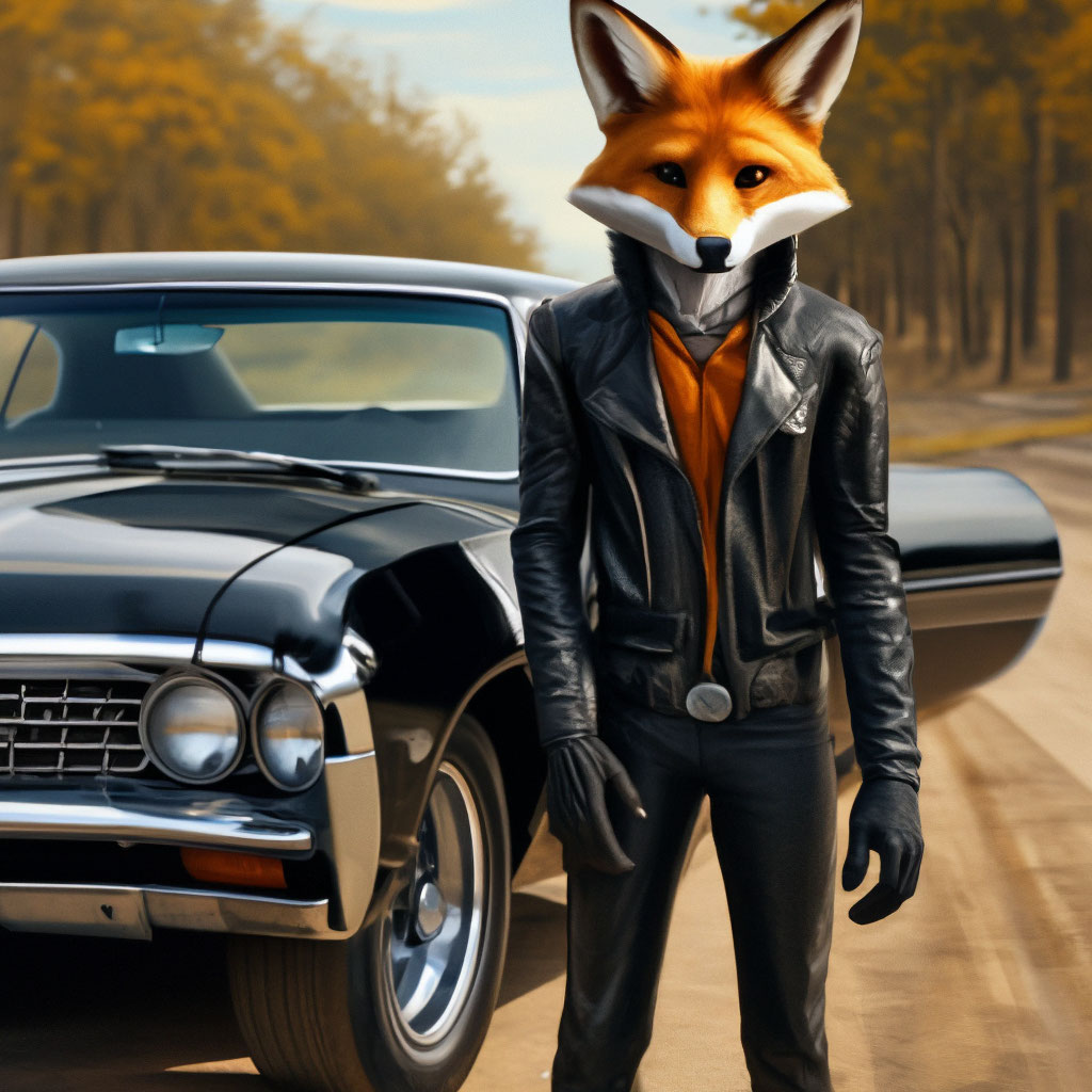 "Anthropomorphic Fox racer, standing next to a black Chevrolet Impala ...