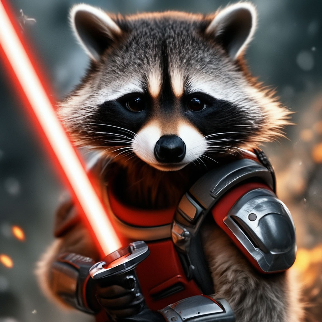 "Raccoon rageta with a laser sword" — image created in Shedevrum