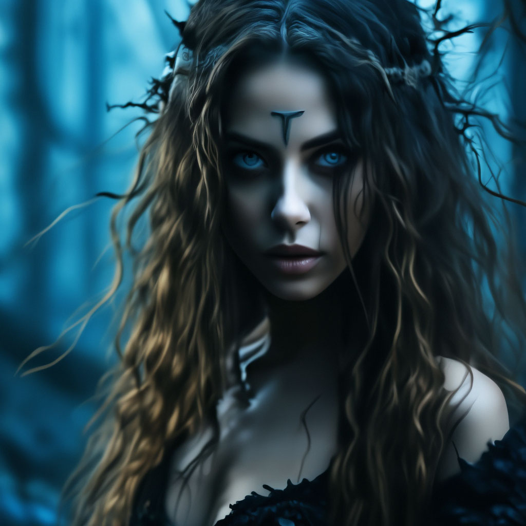 "Gothic Nymph, bright eyes, full body shot, long shot, magic forest ...