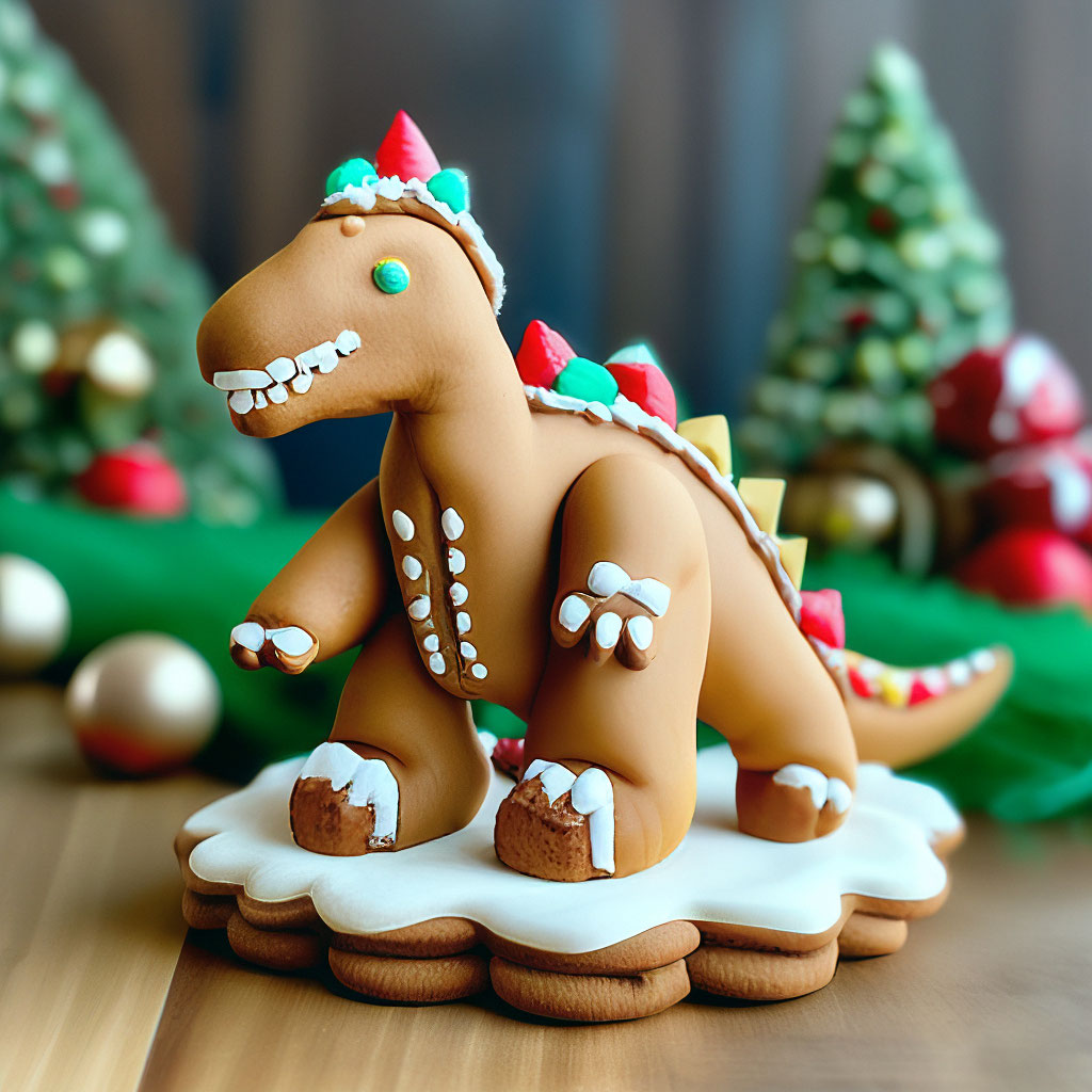 "Christmas gingerbread in the shape of a dinosaur" — image created in ...