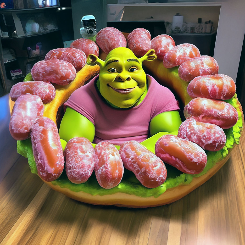 "Shrek in a cocoon of sausages and donuts" — image created in Shedevrum