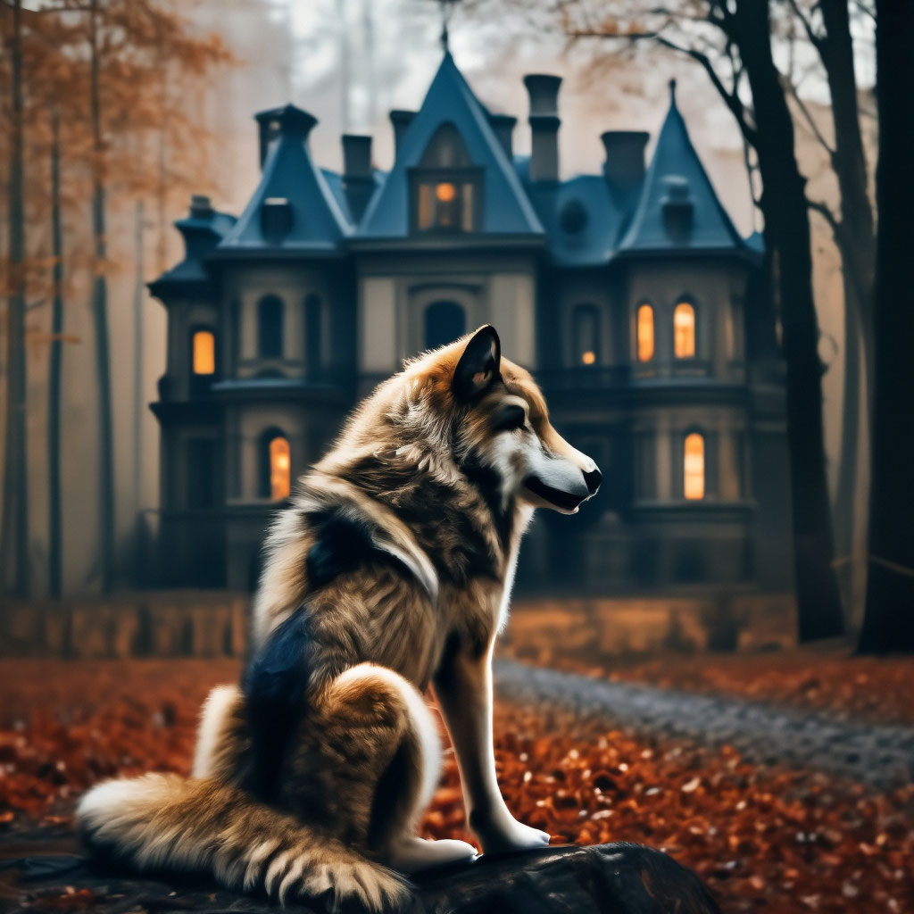 "An old mansion in the woods. in the foreground, a wolf is sitting with ...