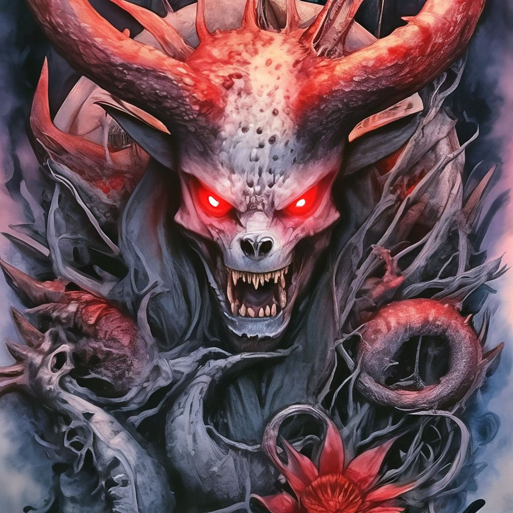 "Horror anthology,horror, grin, red eyes, horns and hooves, night ...