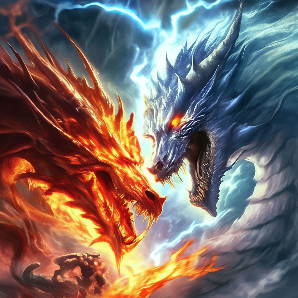 "Dragon demon angel fire ghost water duel lightning" — image created in ...