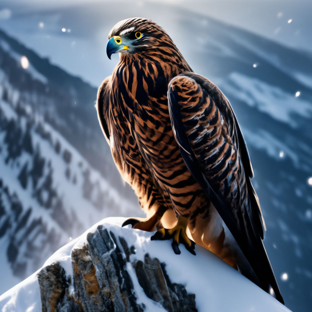 "A huge hawk sits on top of a snowy mountain, blizzard, snow vortex ...