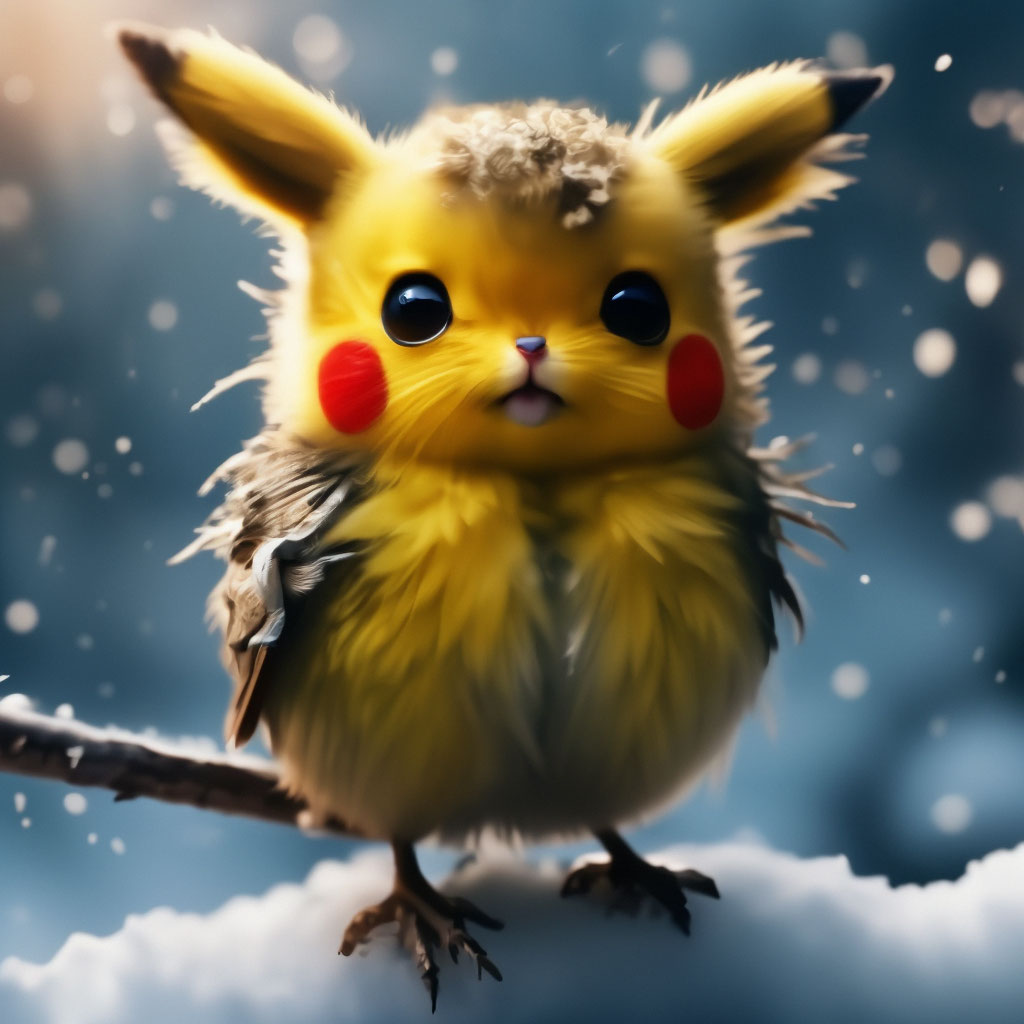 "A disheveled pikachu in the form of a bird sits on a frozen stick ...