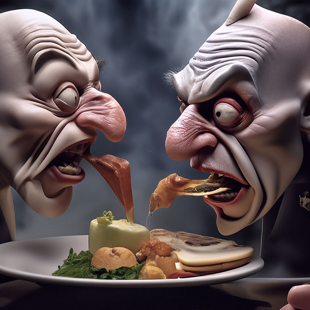 "Competition for the best appetite, grotesque caricature hyperrealism ...