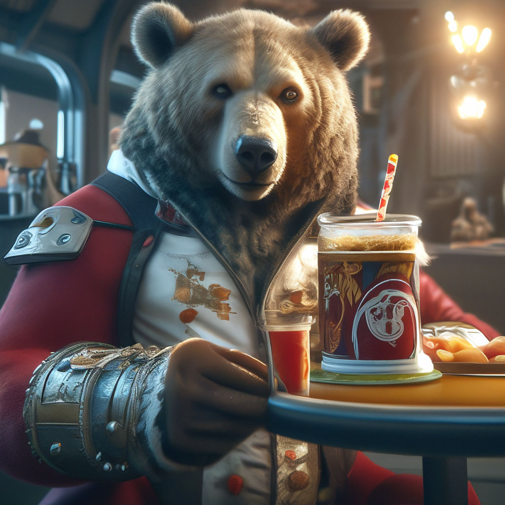 "Anthropomorphic bear, eats a burger and drinks soda, cinematic ...