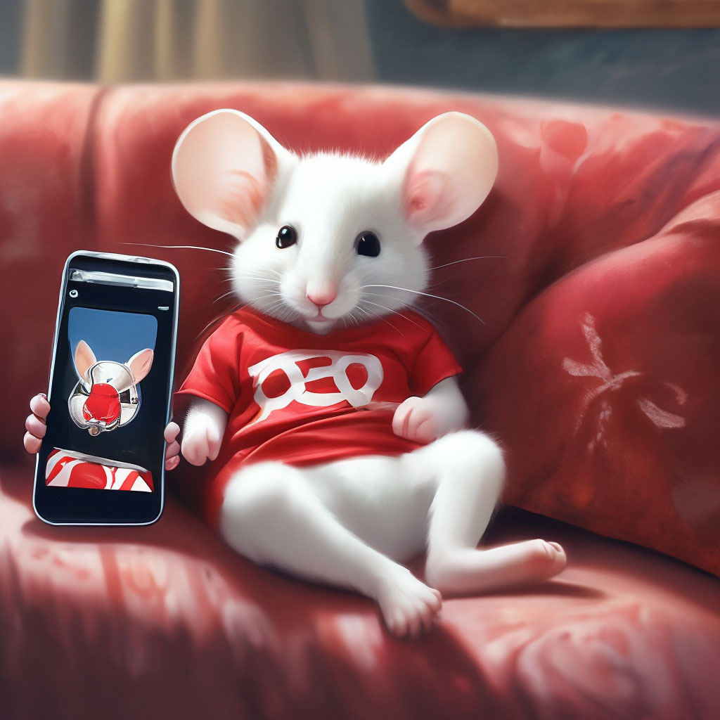 "A white, very cute mouse is lying on the couch holding a mobile phone ...