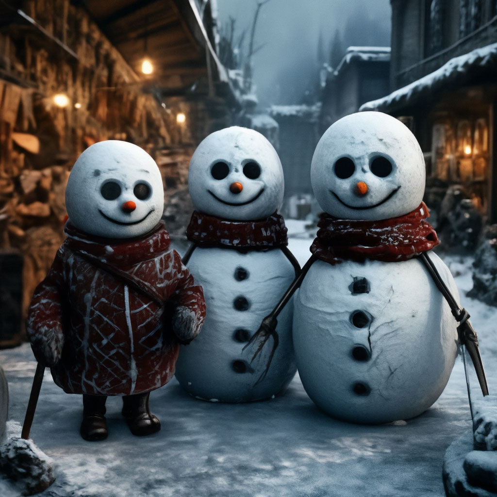 "Anthropomorphic snowmen buy snowshoes and shovels at the bazaar ...