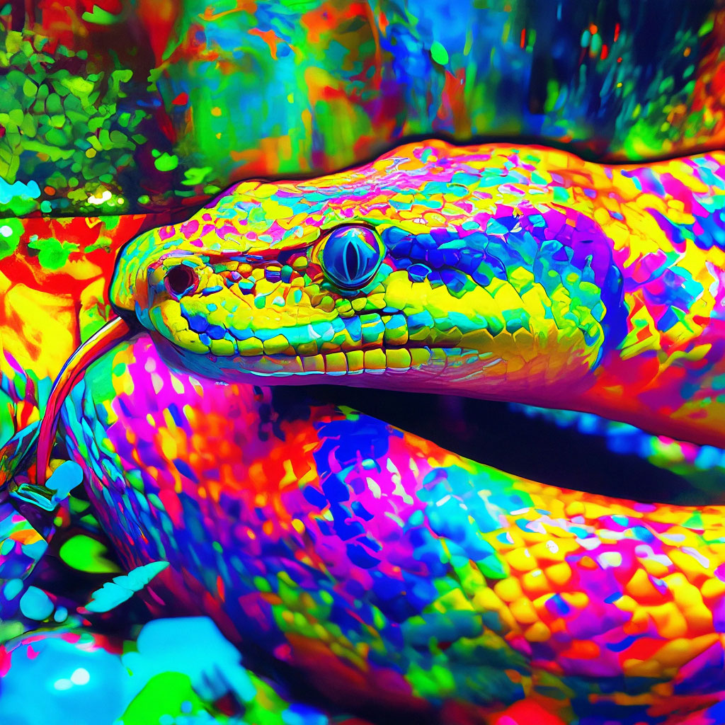 Snake pop-art ꕥ⁂ Picture: multicolored acid striped anaconda snake pop ...