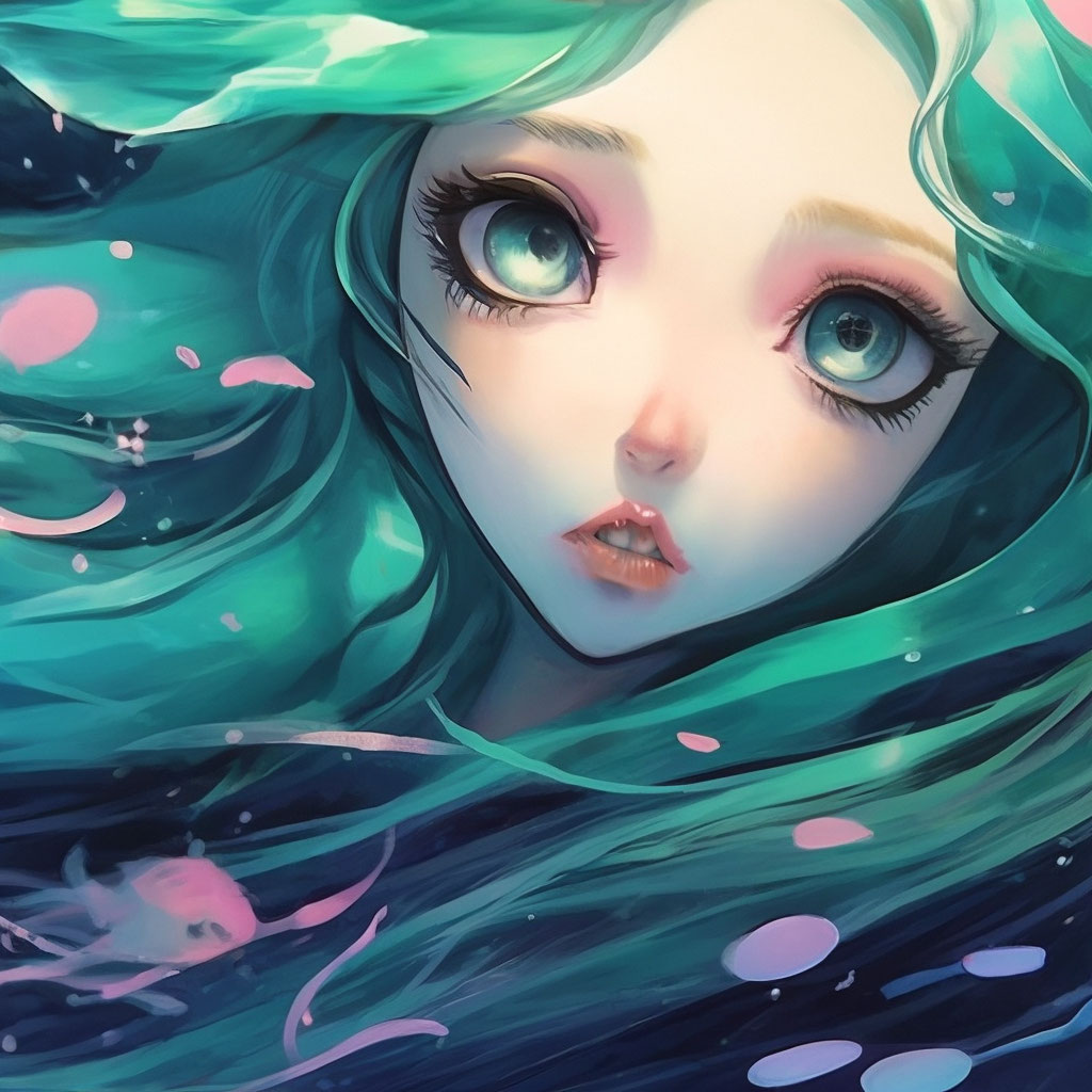 "Sad mermaid girl with turquoise hair looks out of the water, realistic ...