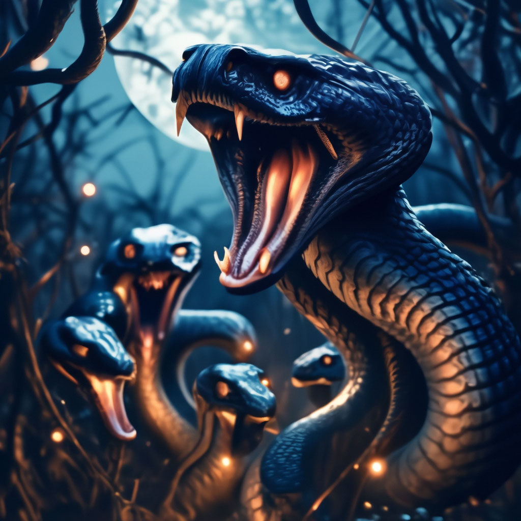 "A lot of evil snakes climb in the bushes at night full moon big fangs ...