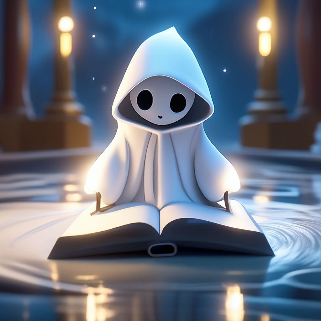 "A very cute ghost with empty absolutely black eyes, in a white ...