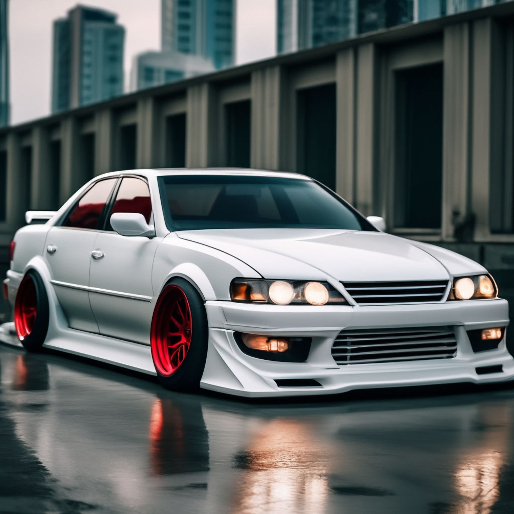 "White Toyota mark jzx100 with Red wheels" — image created in Shedevrum
