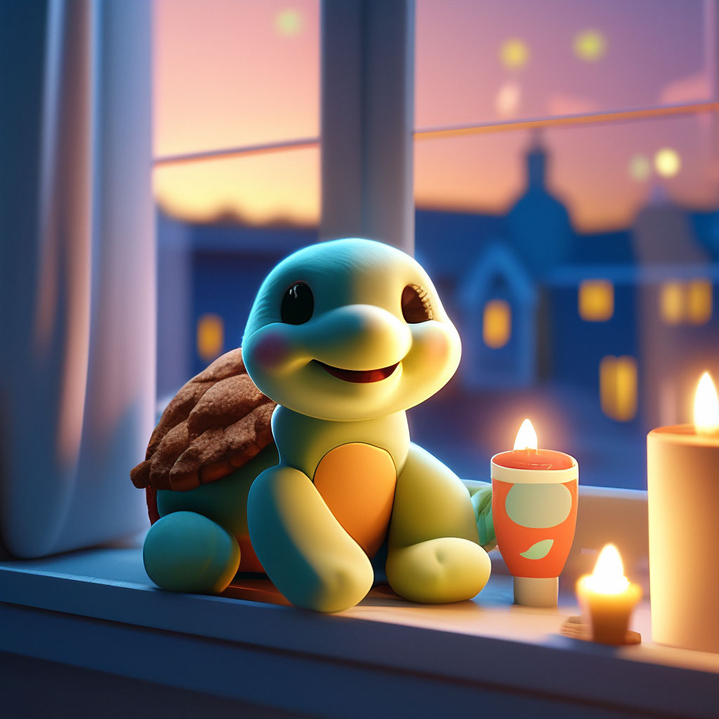 "A plush fluffy turtle sits at the window in the evening a cute ...