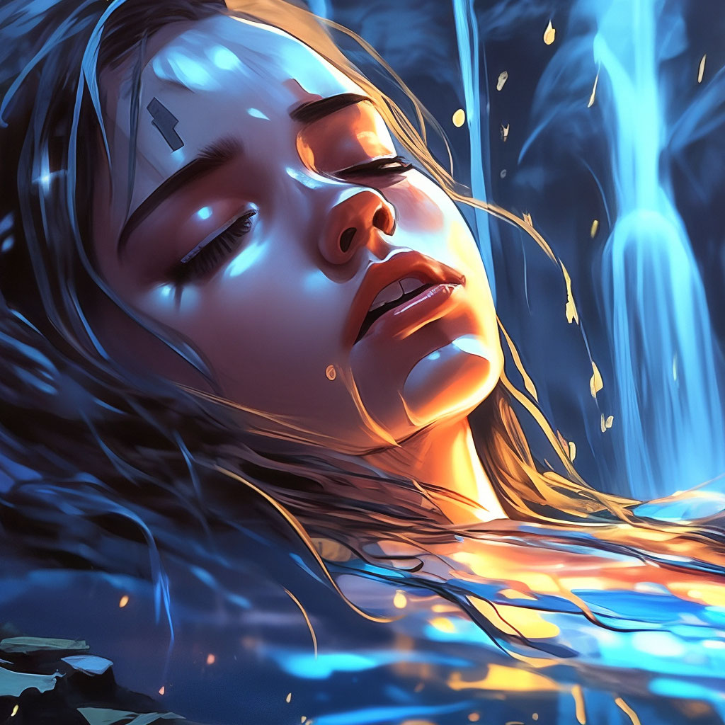 "Girl lying in waterfall full of tears. girl is crying. tears. sadness ...