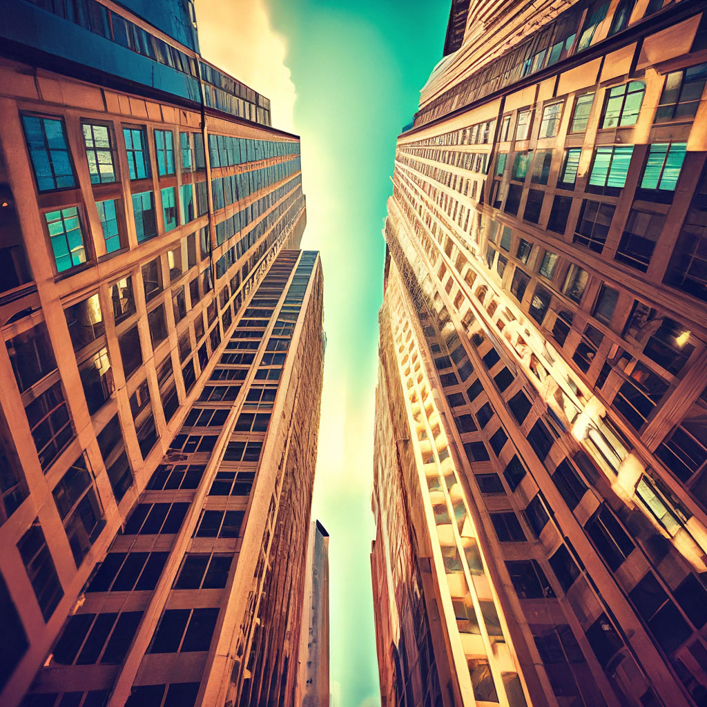 "A narrow high-rise Manhattan apartment building. Bottom view effect in ...