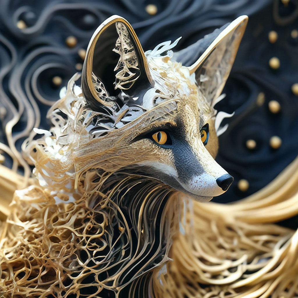 "Portrait, dark magic, filigree fox vulpes zedra, looking away flying ...