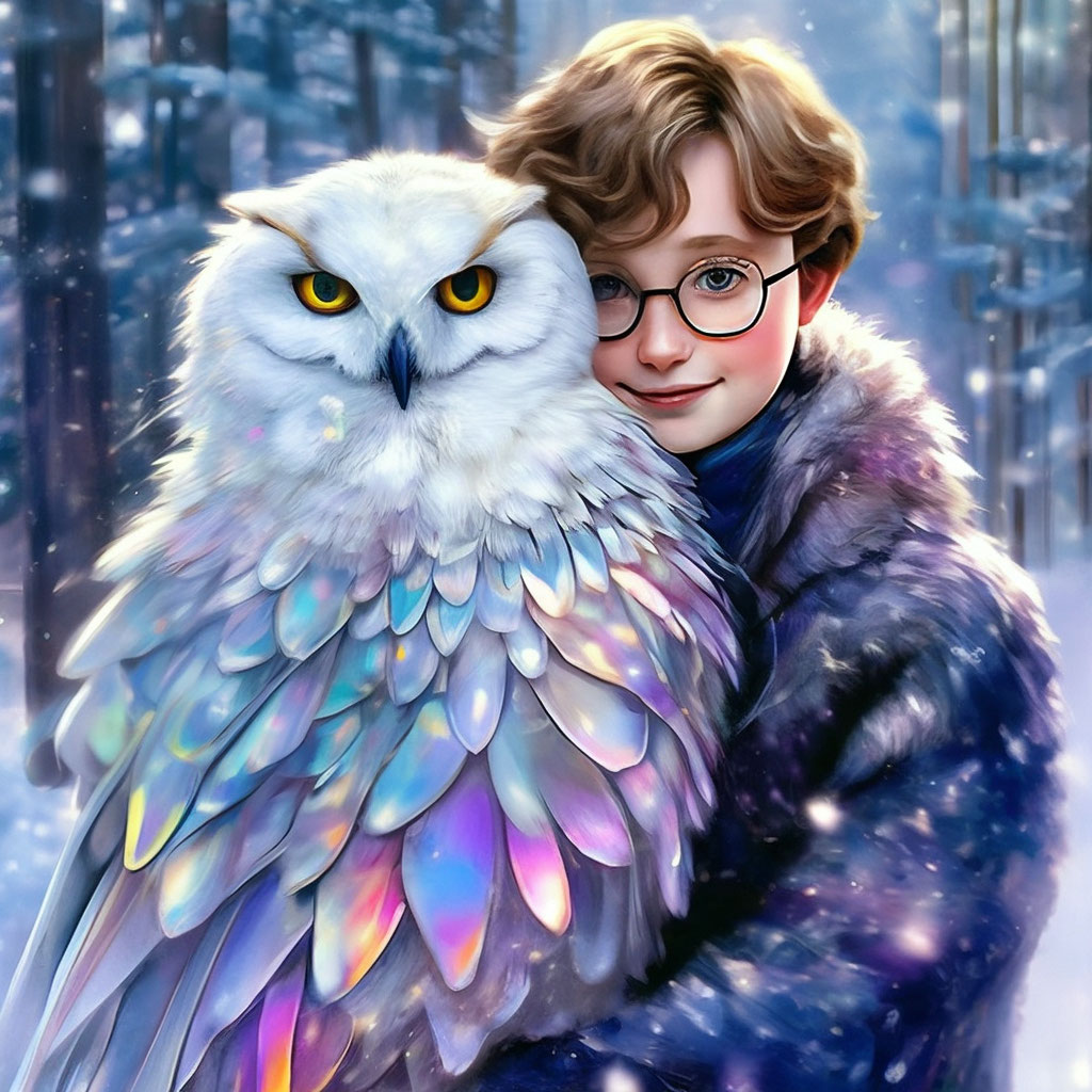 "Harry Potter, and on his shoulder a beautiful fluffy owl Hedwig, big ...
