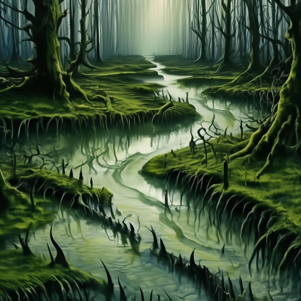 "The drowned area is all covered with mud and silt and moss dark ...