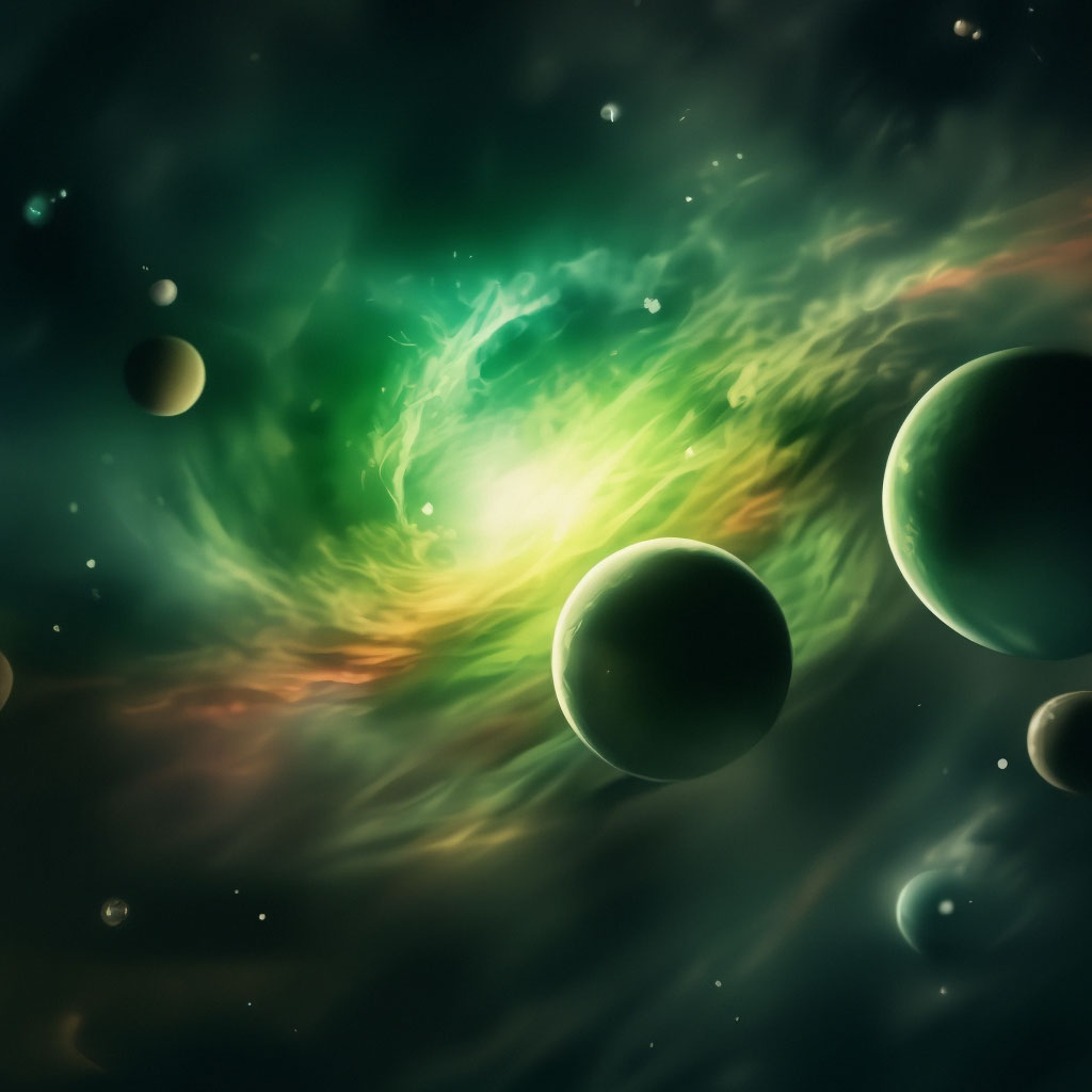 "Space, a green luminary around which rainbow planets fly" — image ...