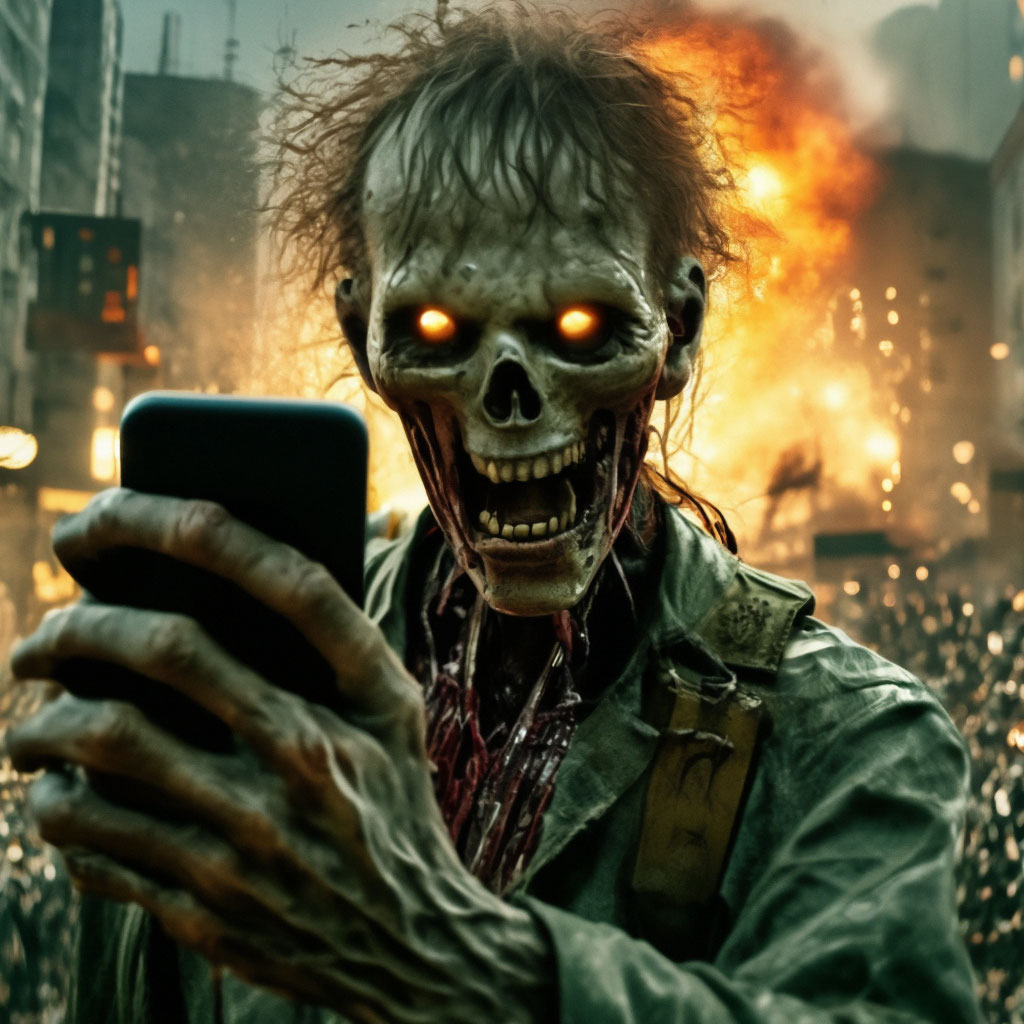 "Megarealism, scary green zombie taking selfies, lots of details, phone ...