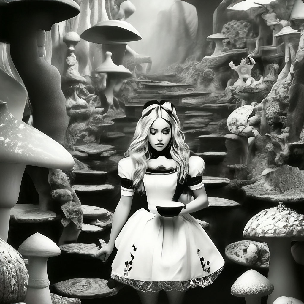 "Black and white alice in wonderland realistic" — image created in ...