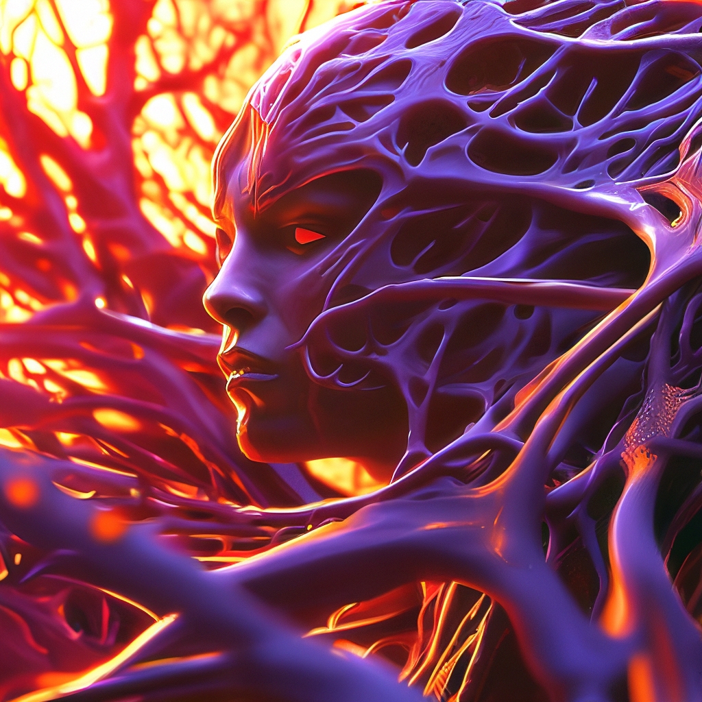 "Horror, plexus of living tissues, body, scars, red veins, purple ...