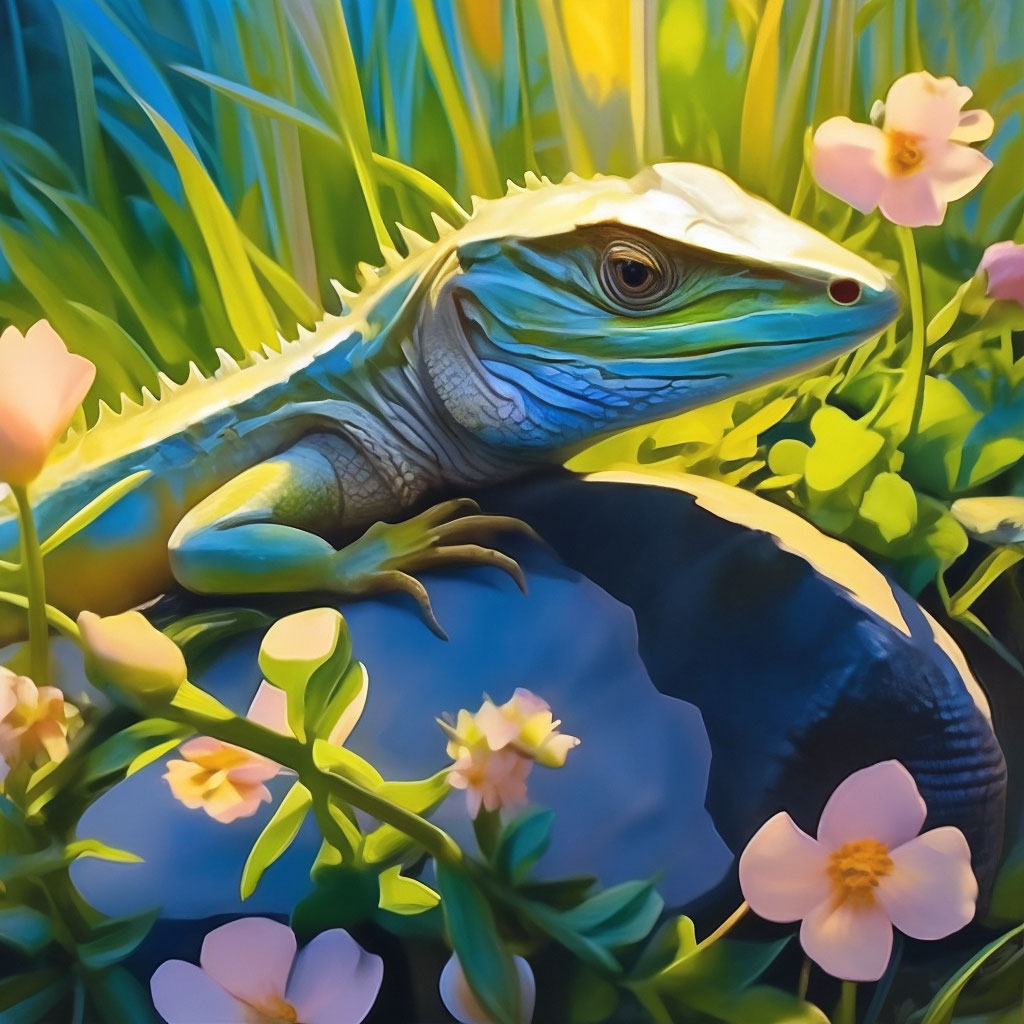 "The lizard lies on a stone under the rays of the sun, gently ...